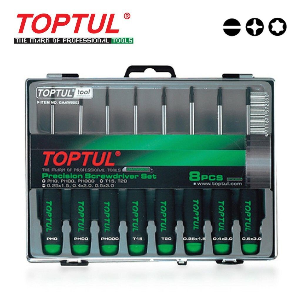 TOPTUL 8pcs Precision Screwdriver Set Slotted, Phillips & Star Type ...