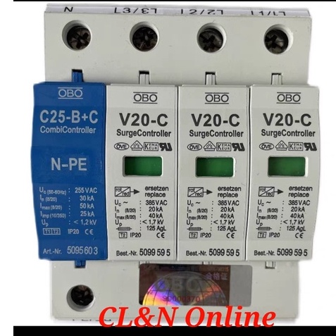 避雷器 Germany OBO BETTERMANN 40KA V20-C/1+NPE/ V20-C/3+NPE Surge Arrester ~385V AC Surge ...
