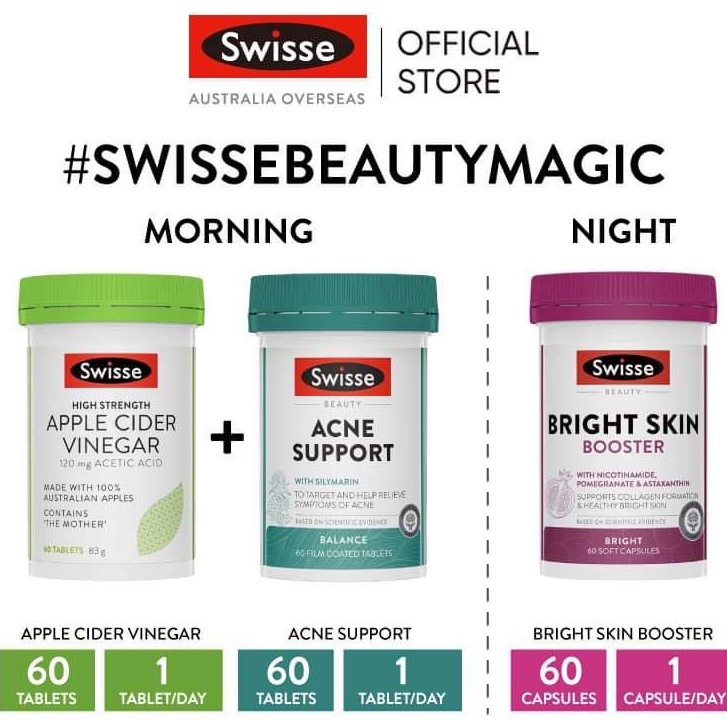 Swisse Beauty Magic Supplement Value Combo (Apple Cider Vinegar, Acne Support & Bright Skin ...