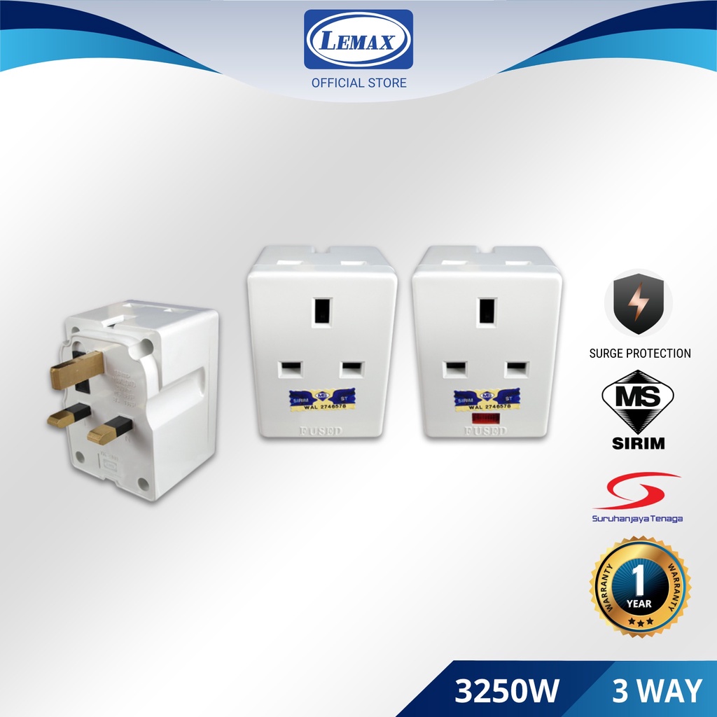 [SIRIM] LMX 3 Way Adaptor with Neon Light & Surge Protection 13A ...