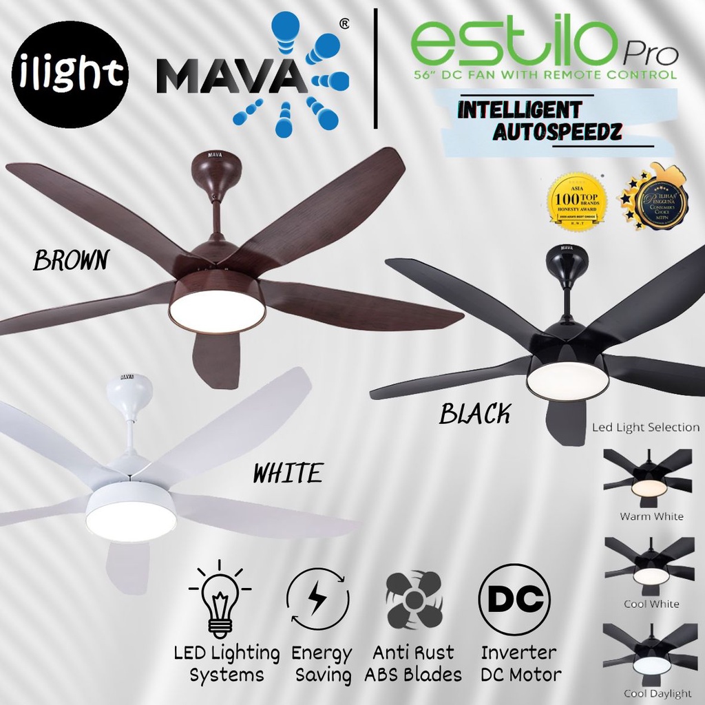 MAVA ESTILO PRO 56” 5 BLADES DC MOTOR 8SPEED CEILING FAN | 3 COLOR LED ...