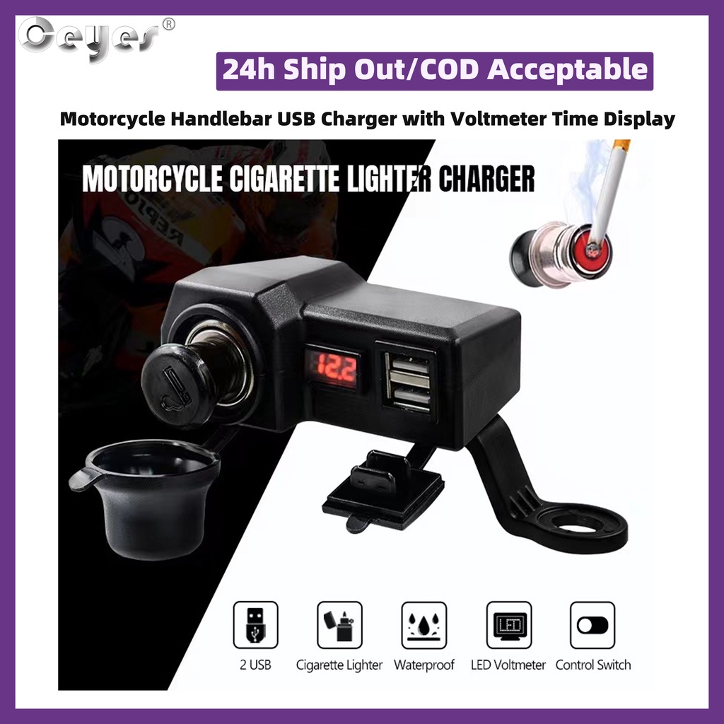Ceyes Motorcycle Handlebar USB Charger with Voltmeter Time Display ...