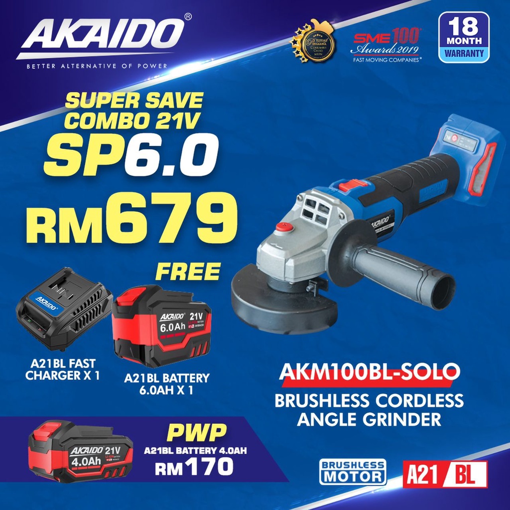 AKAIDO 4" 21V Brushless Battery Cordless Angle Grinder Grinding Cutting ...