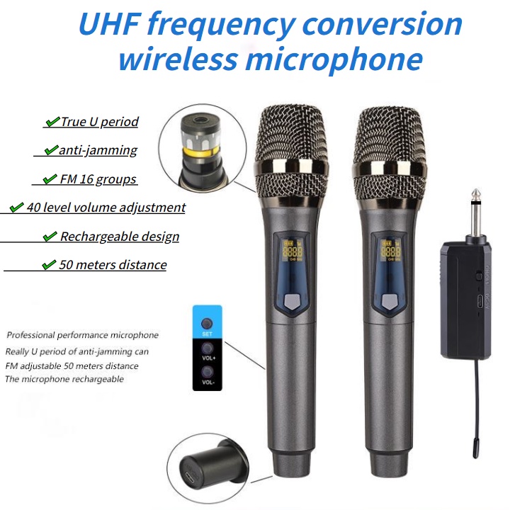 UHF Wireless Microphone Adjustable Frequency Wireless Microphone Dual Channel Handheld Wireless ...