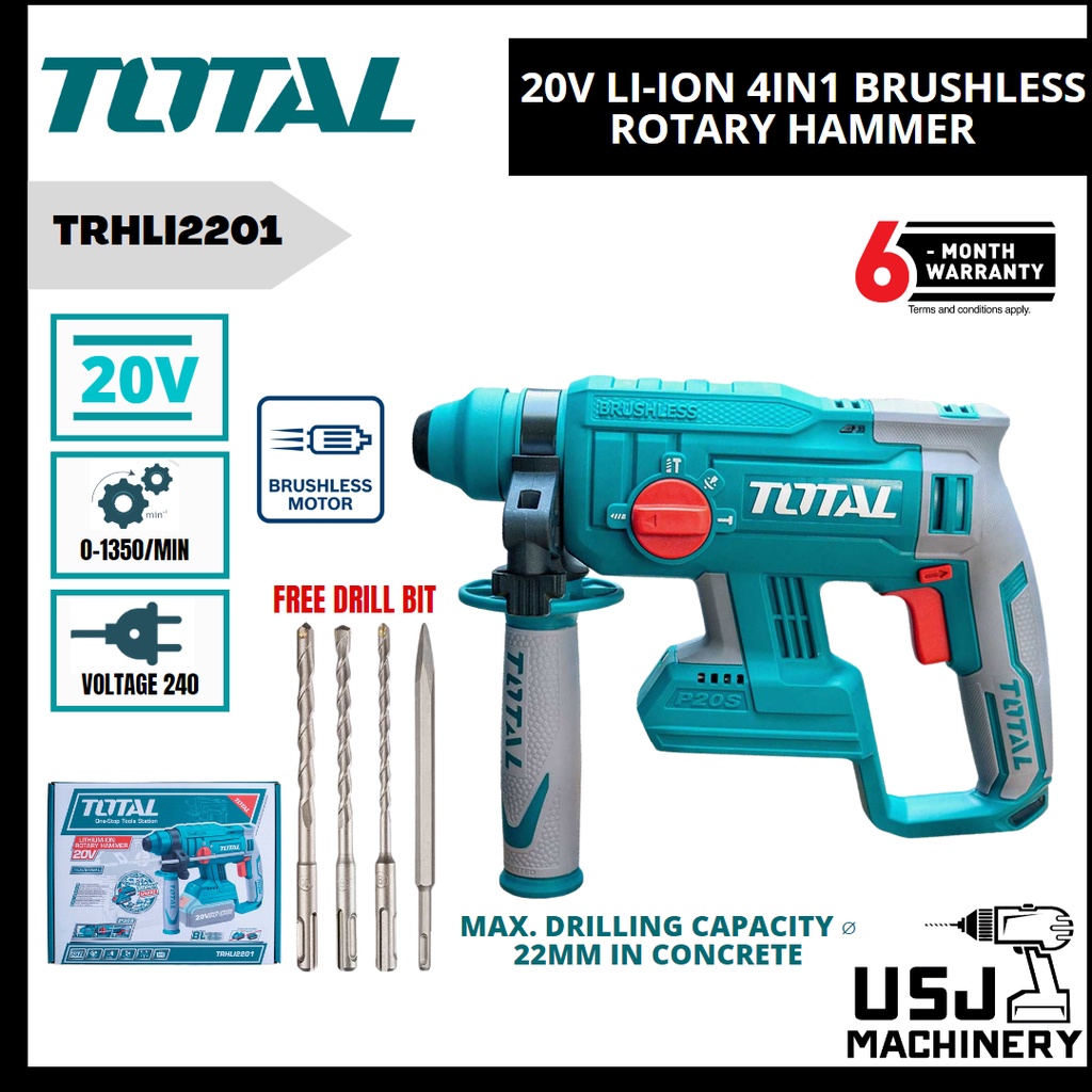 TOTAL 20V Li-ion 4in1 Brushless Rotary Hammer TRHLI2201 | 6 Months ...