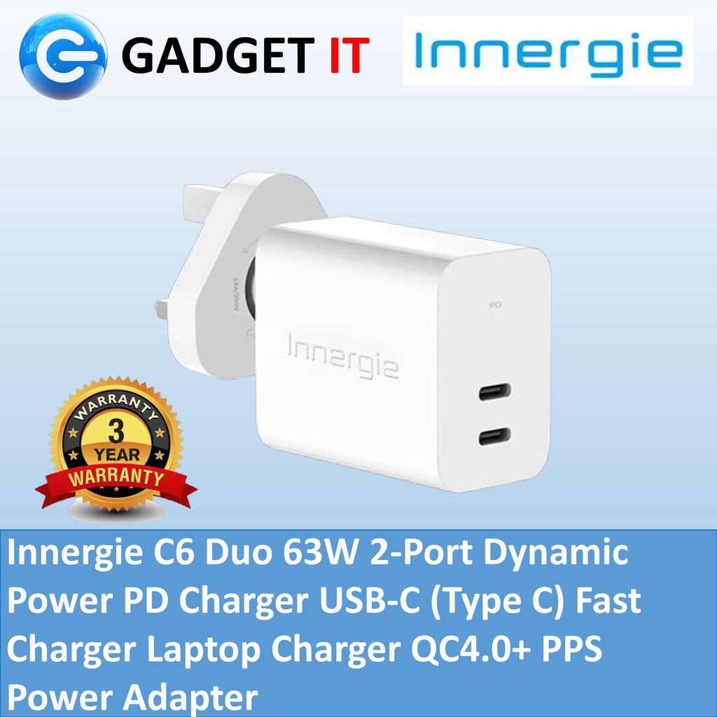 Innergie C6 Duo 63W 2-Port Dynamic Power PD Charger USB-C (Type C) Fast ...