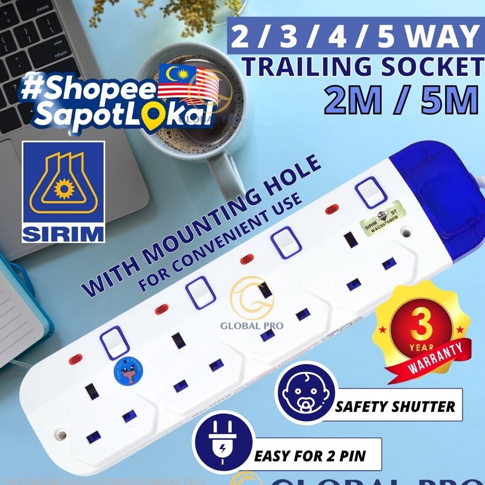 [Sirim] 2M 5M Extension Multiple Plug Adaptor Trailing Socket w Neon ...