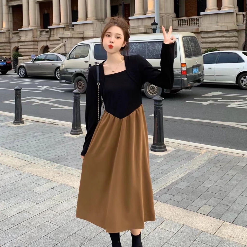 Autumn Vintage Contrast Color Women's Maxi Dress A-line Long-sleeved ...