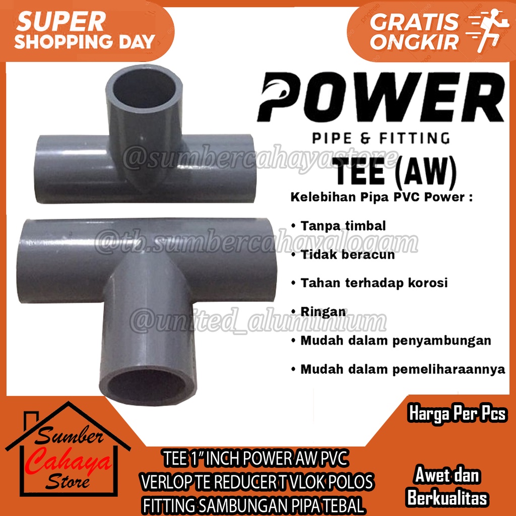 Tee 1" INCH POWER AW PVC VERLOP TE REDUCER VLOK Plain FITTING Connection Letter T PIPE Thickness ...