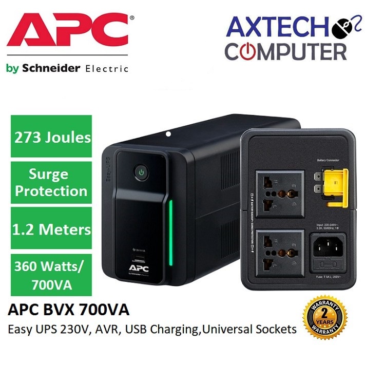 APC UPS BVX700LUI-MS BVX 700VA, 230V EASY UPS AVR UNIVERSAL SOCKET WITH ...