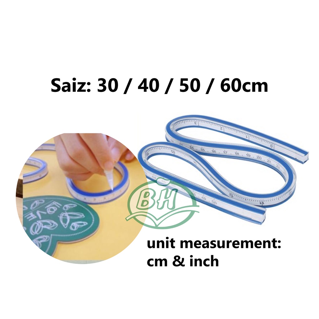 30/40/50/60cm Flexible Curve Ruler Bendable/Pembaris Jahitan, Quilt ...