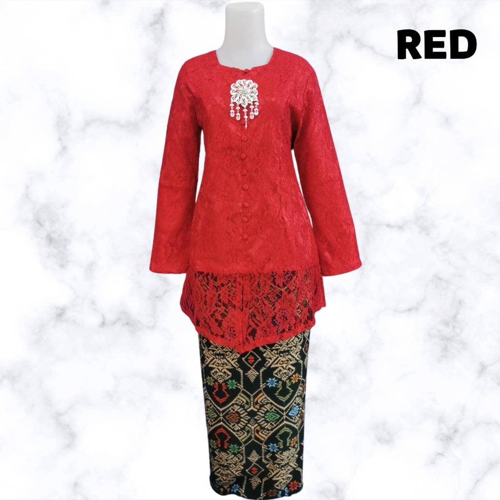 Kebarung / Baju Kebaya Labur Lace Beralas - Warna Merah (Lengan Panjang ...
