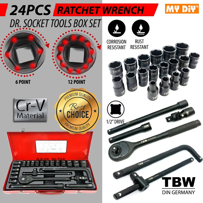 MYDIYHOMEDEPOT - TBW 1/2" 24PCS DR SOCKET WRENCH SET 6 POINT 24PCS DR ...