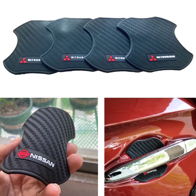 4pcs Mitsubishi Car Door Handle Sticker Rubber carbon fiber pattern Car ...