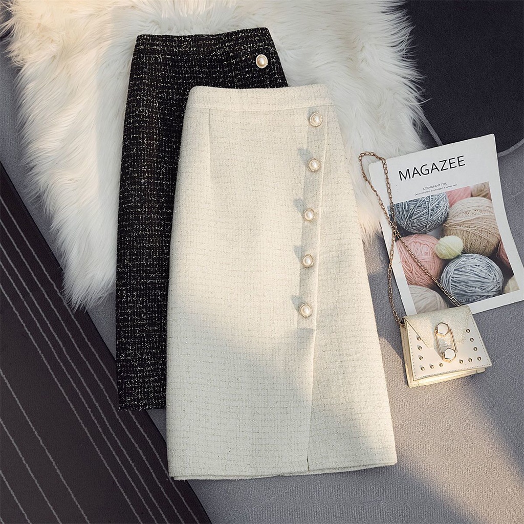 Xiaoxiang Style Woolen Bright Silk Skirt Women Autumn Winter High Waist