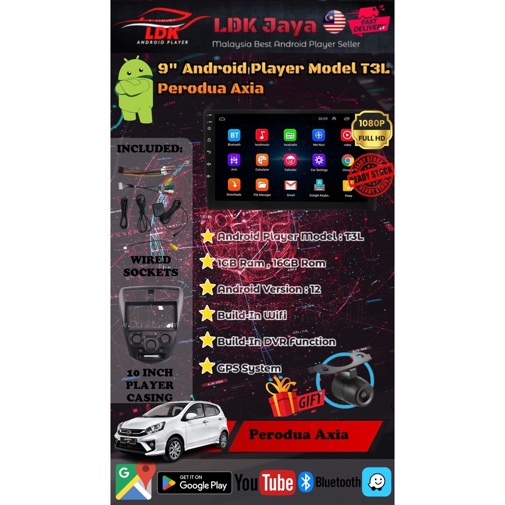 Car Android Player T3L For Perodua Axia 9"Inch [1GB RAM+16GB ROM ...