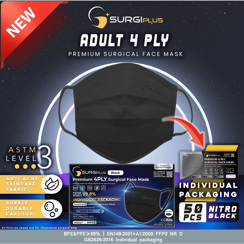 【SurgiPlus】 Premium Surgical Face Mask 3 & 4 Ply ASTM Lvl 2-3/EN Type ...