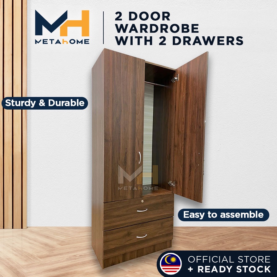 MetaHome 2 Door Wardrobe with 2 Drawer Hanging Rod Full Melamine Almari ...