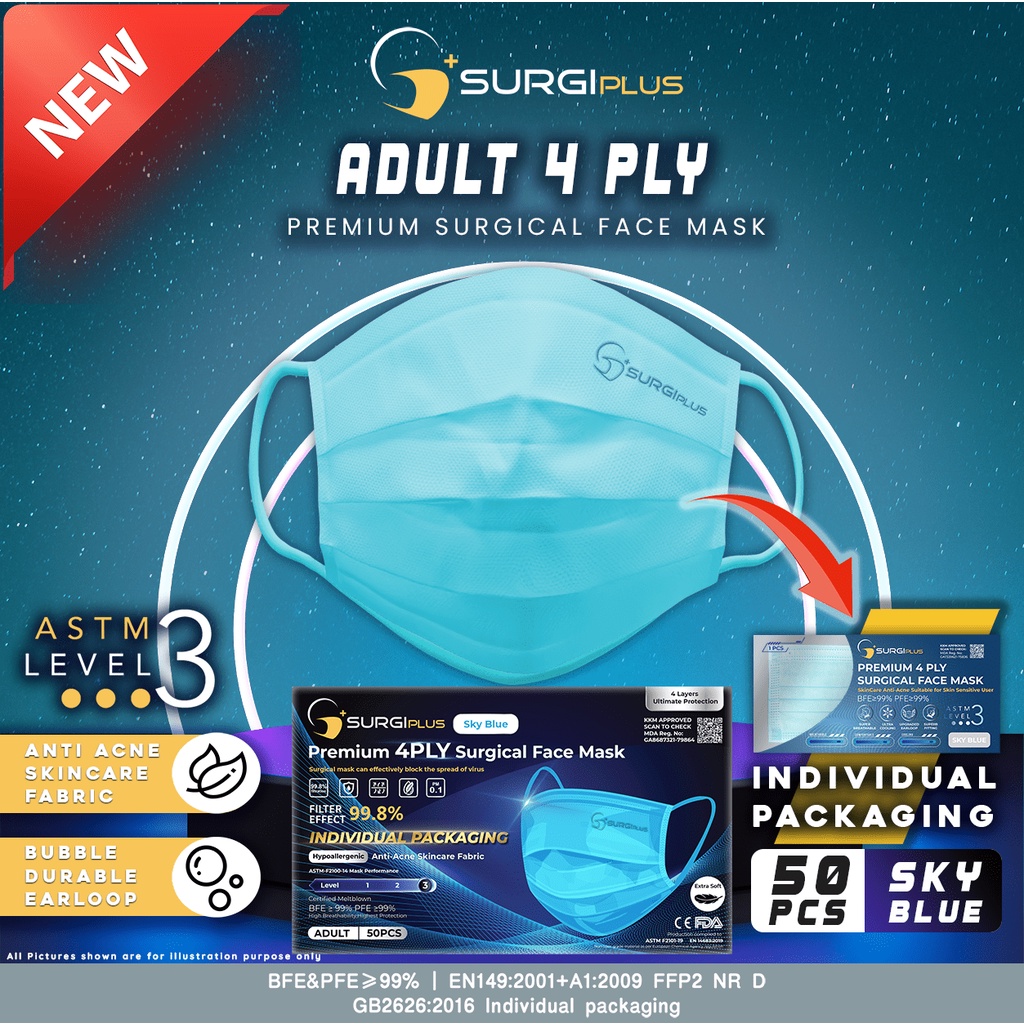 【SurgiPlus】 Premium Surgical Face Mask 3 & 4 Ply ASTM Lvl 2-3/EN Type ...