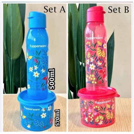 Tupperware Pretty Blooms Set Round Eco Bottle Flip Top 500ml/Canister Snack N All 570ml | Shopee ...