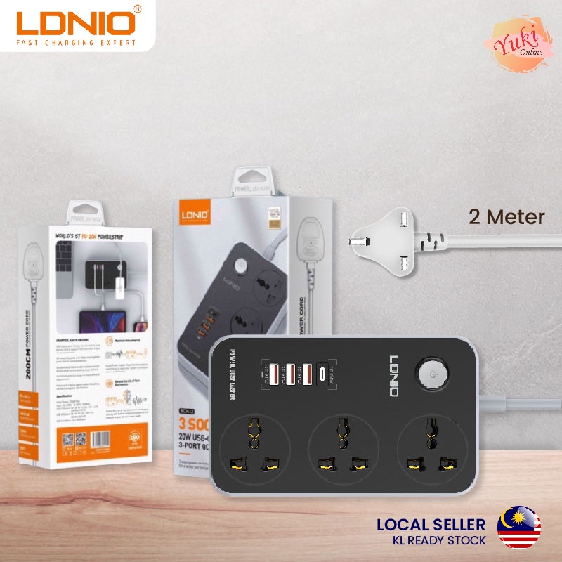 LDNIO SC3412 Upgrade - 3 Electrical Socket with 3 USB QC 3.0and 1 USB-C PD 20W SC3604 3 Socket ...