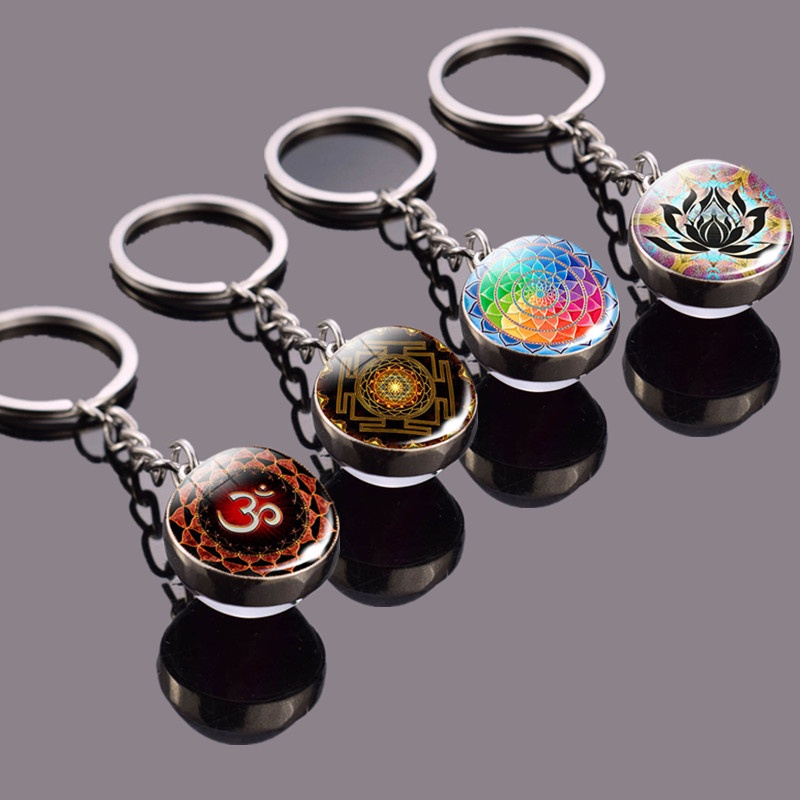 Chakra Symbols Glass Ball Double Sided Keychain Om India Yoga Mandala ...