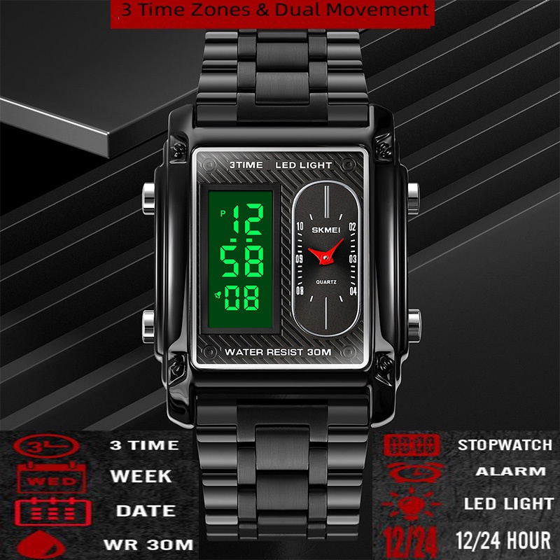 Skmei Men's Digital Watches Three Time Zones Led Chronograph Waterproof ...