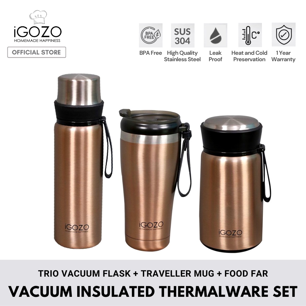 iGOZO Trio Vacuum Insulated Thermalware Set (800ml Food Jar + 520ml ...