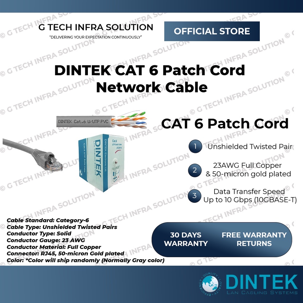 Patch Cord / Network Cable - DINTEK 0.5M/1M/3M/4M/5M CAT6 23AWG Solid ...