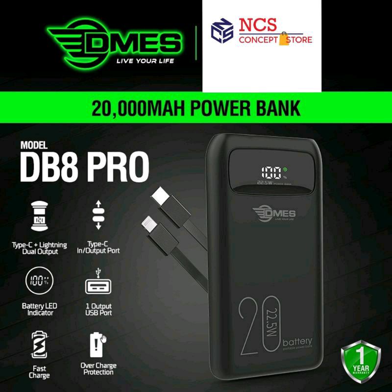 DMES DB8 Pro 22.5W PD QC3.0 20000mAh Fast Charging Powerbank / Built In Type C / IP Cable ...