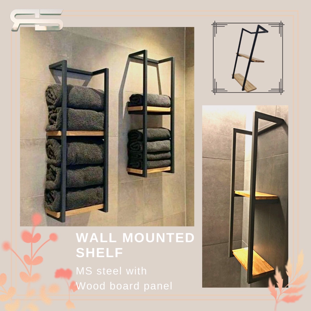 WALL SHELF RACK WOOD AND STEEL , WALL MOUNT SHELF | Shopee Malaysia