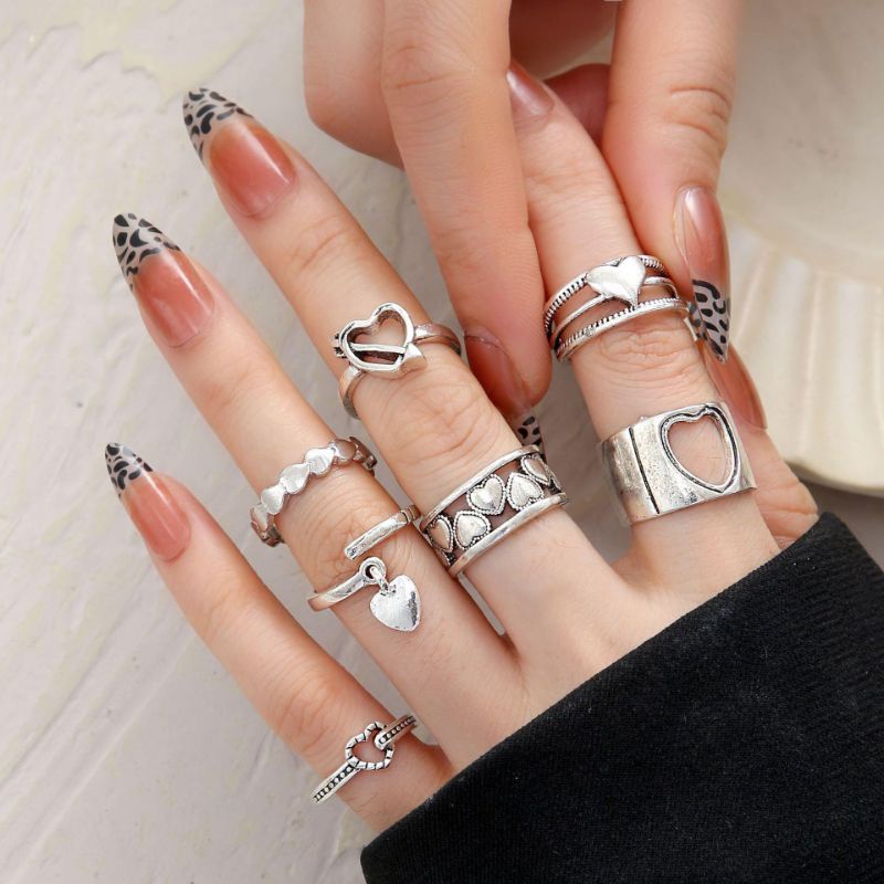 LZ 7Pcs/Set Cincin Style Silver Heart Punk Hip Hop Fashion Ladies Ring ...