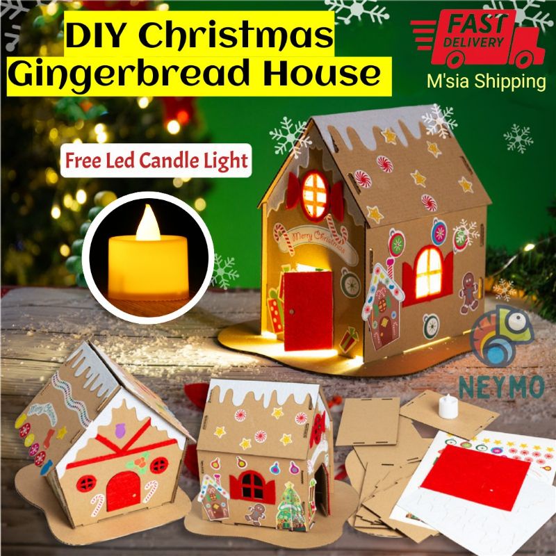 DIY Cardboard Christmas Gingerbread House 3D Xmas Kits Led Candle Light ...