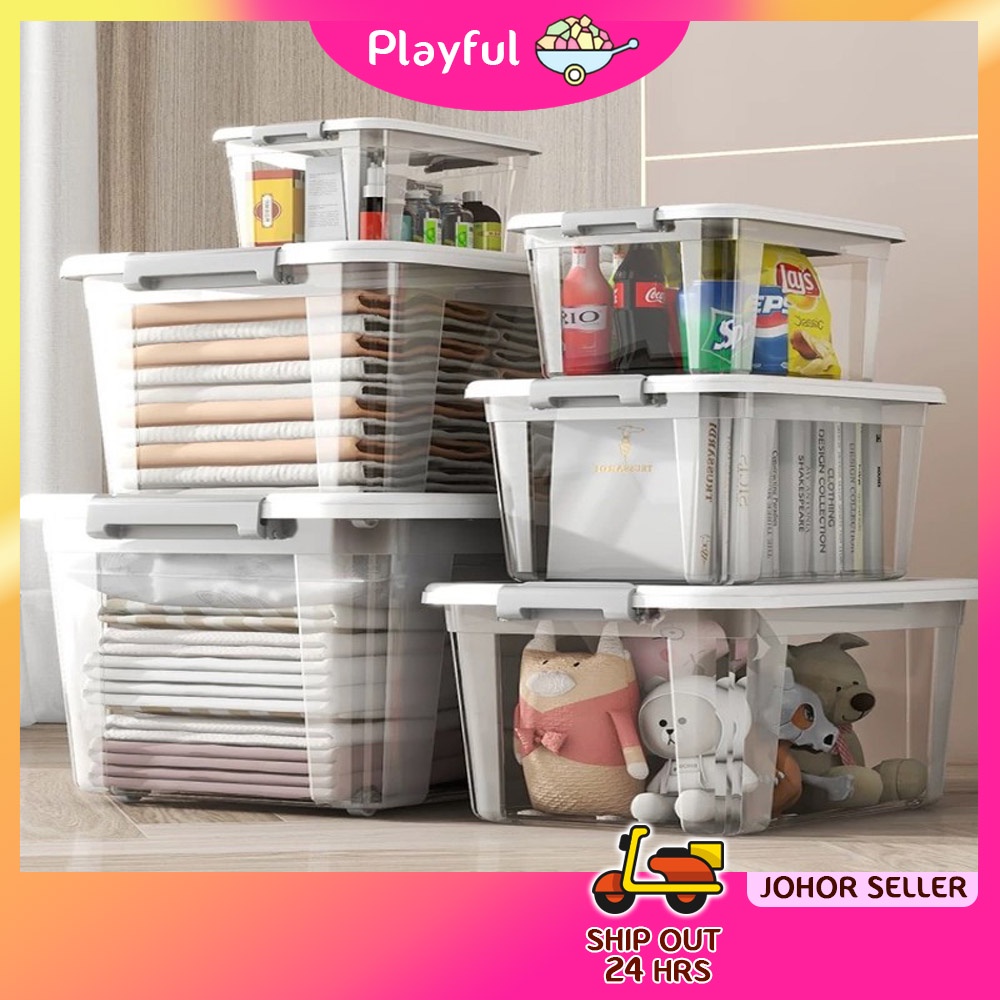 【PLAYFUL】SUPERBIG Transparent Storage Box Bekas Kotak Simpan Baju Roda ...