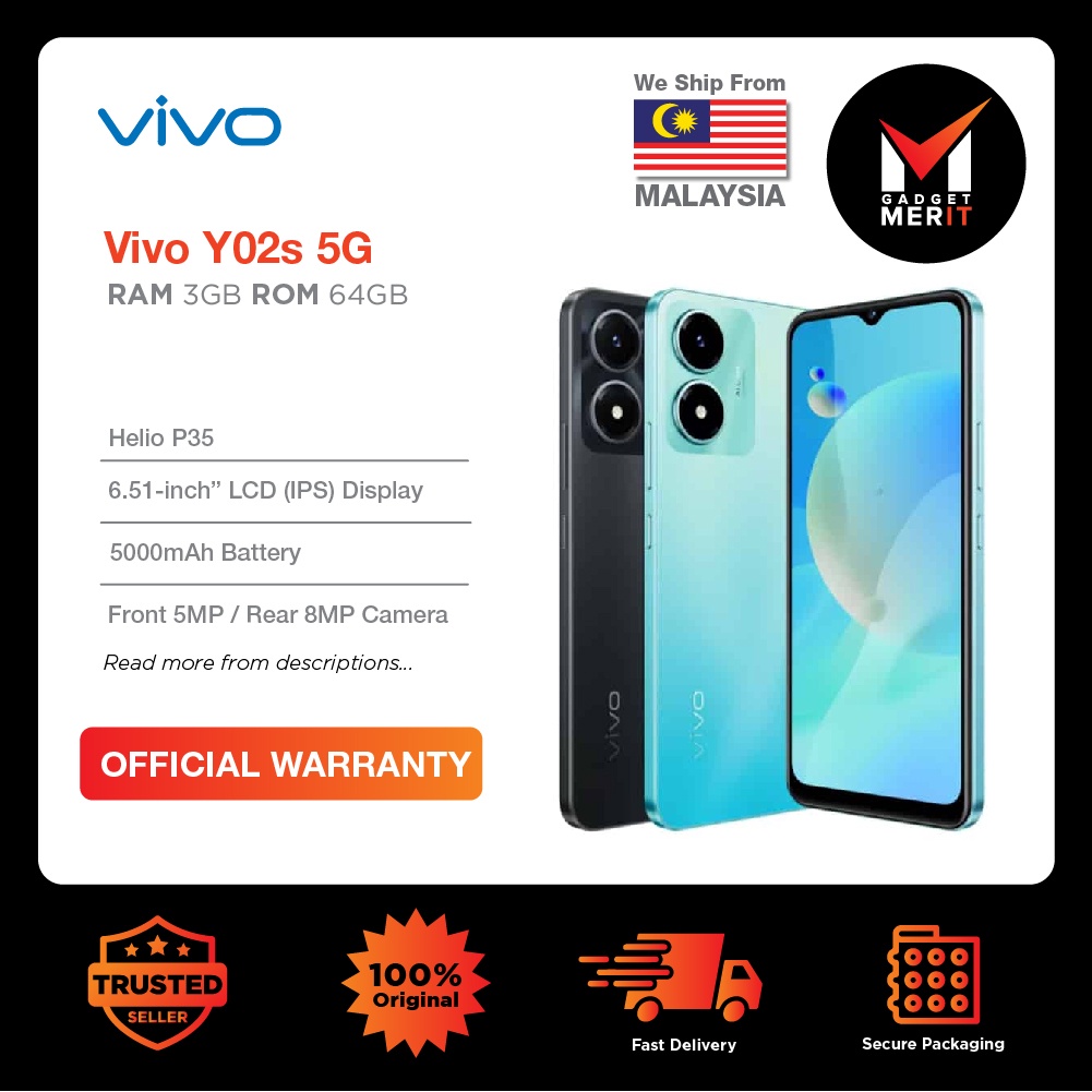 Vivo Y02S Smartphone | Mediatek MT6765 Helio P35 | 6.51" IPS LCD Display | 8MP Single Rear ...