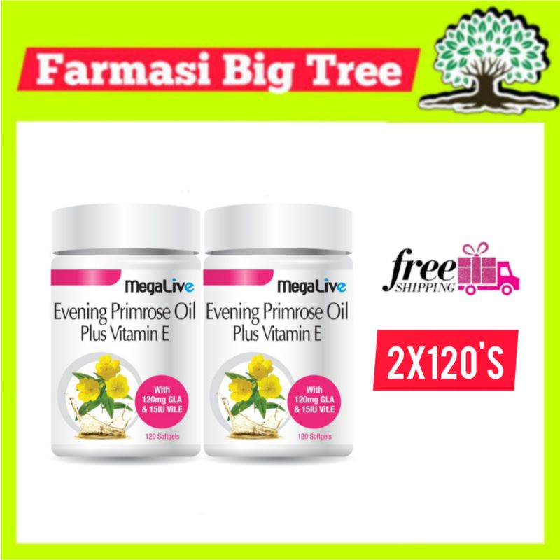 MEGALIVE Evening Primrose Oil EPO 1200mg PLUS Vit E (2X120's) Exp-9/ ...