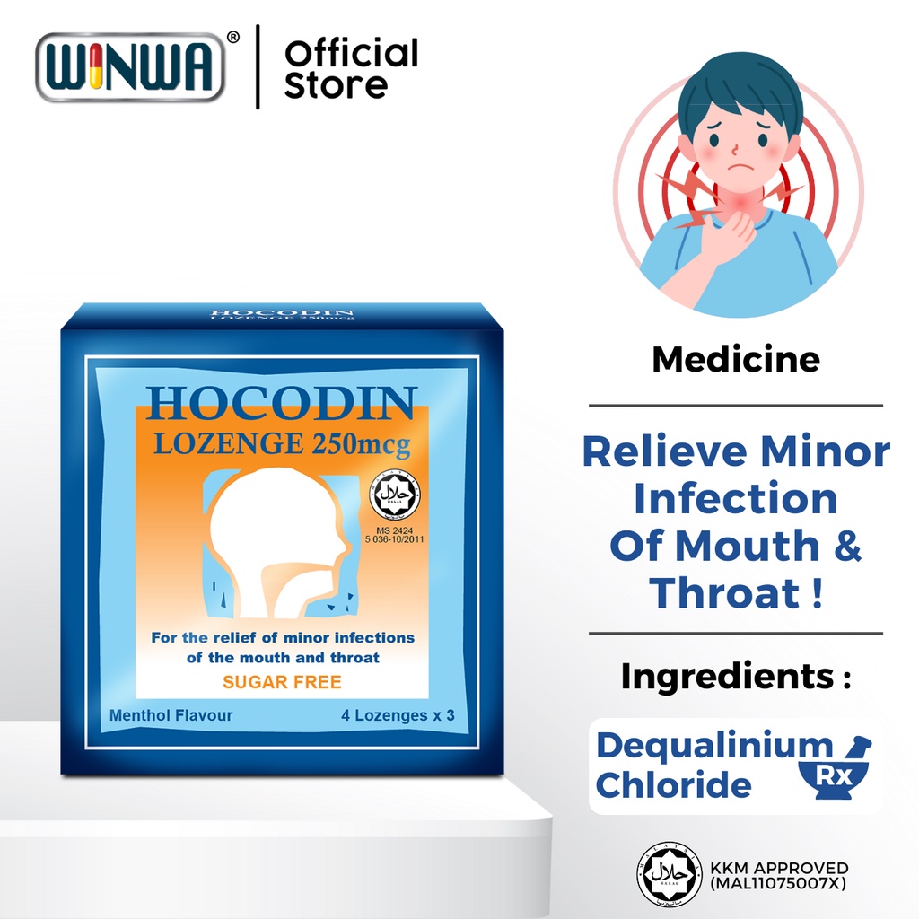 HOCODIN Lozenges (4's x 3) - Dequalinium For Sore Throat & Mouth Ulcer ...