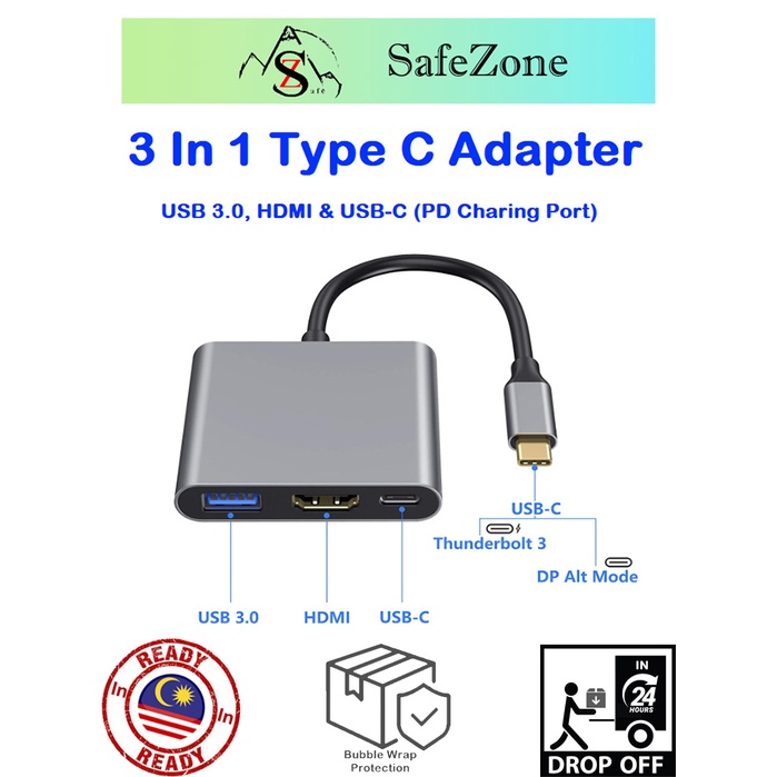 3 In 1 Type C Adapter, Type C to HDMI, USB 3.0 and USB C (PD Charing ...