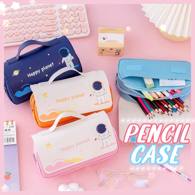 Happy Planet Cartoon Pencil Case With Handle Large Capacity Double ...