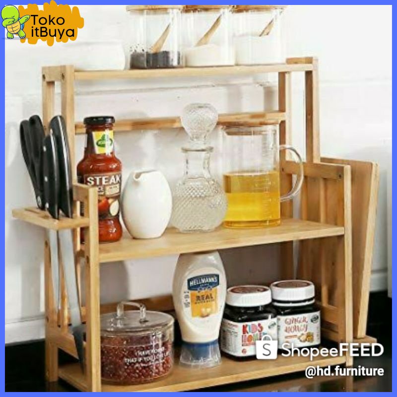 KAYU 3-tier Kitchen Shelf Wooden Kitchen Shelf 3-tier Kitchen Spice ...