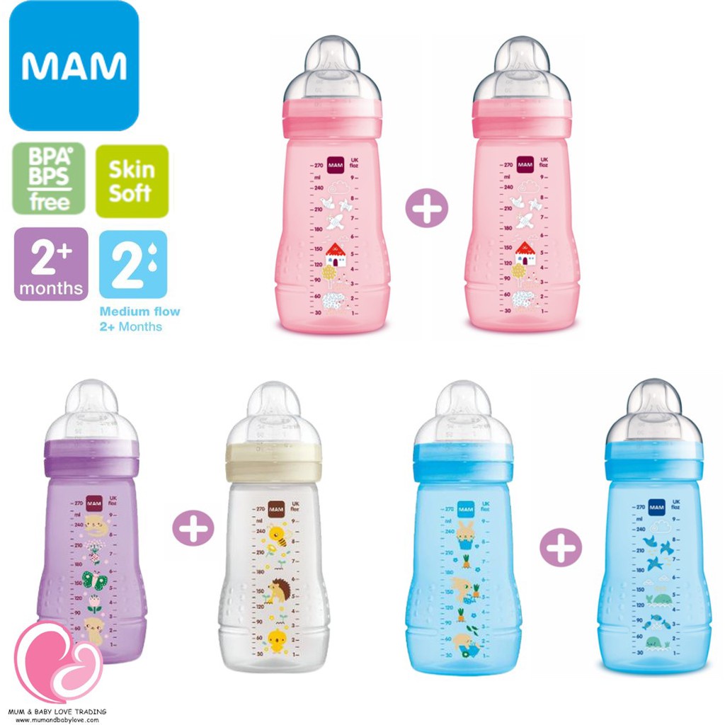 MAM Baby Feeding Bottle 9.5oz / 270ml - Double/ Twin Pack (Blue ...