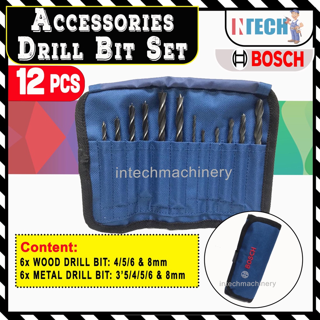 BOSCH ACCESSORIES 12PCS DRILL BITS WOOD & METAL 3'5 / 4/5/6 & 8mm(N2R) | Shopee Malaysia
