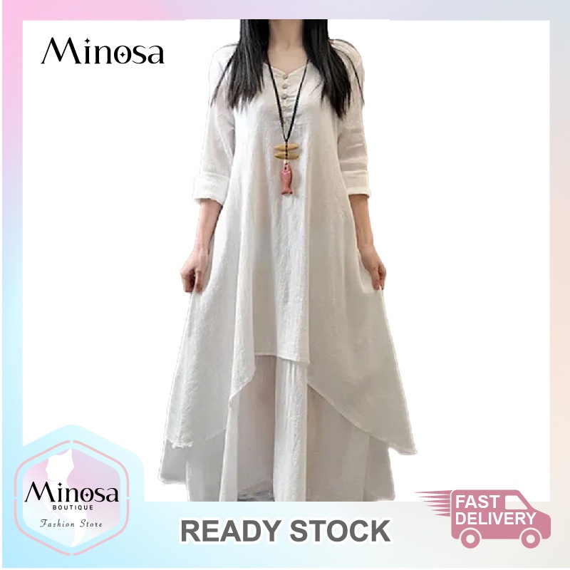 MINOSA Women Flowy Plus Size Linen Maxi Dress Plain Loose Long Sleeve ...