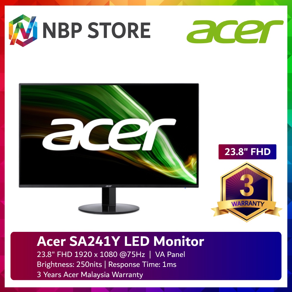 Acer SA241Y 23.8" FHD 75Hz LED-Backlit Monitor Black ( HDMI, VGA, 3 Yrs ...