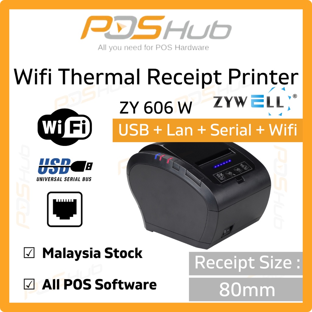 Zywell Wifi Thermal Receipt Printer ZY606 USB+LAN+SERIAL+WIFI 80mm ...