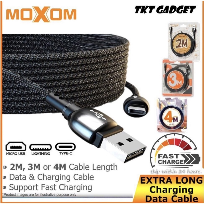 MOXOM Extra Long Fast USB Charging Data Cable 2.4A (2M/3M/4M) Meter ...