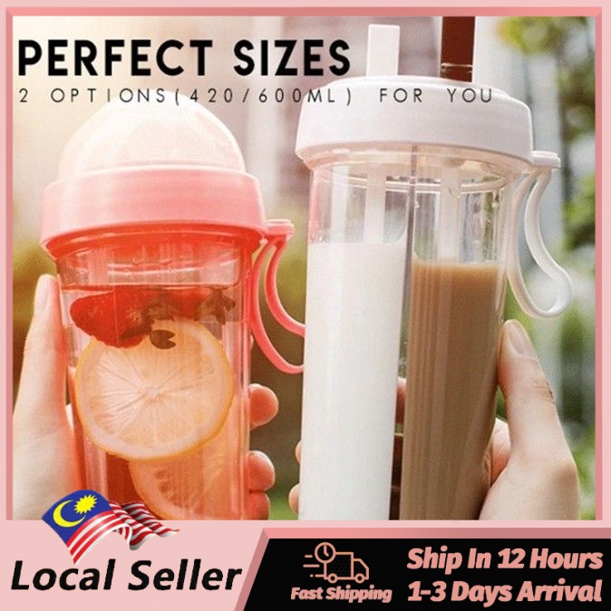 600ML Botol Air Double Straw Water Bottle Outdoor Travel Creative Dual ...