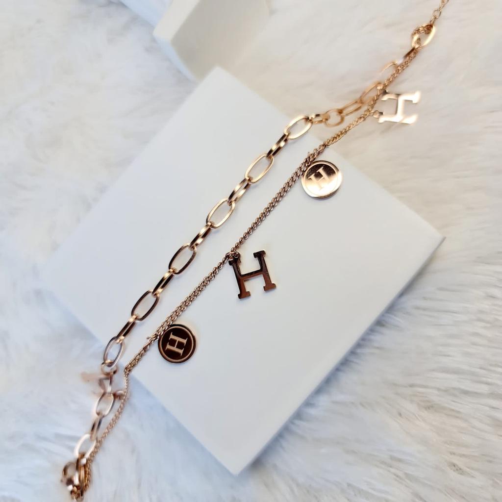 2 layer H titanium anklet, vintage elegant, Korean fashion, rose gold ...