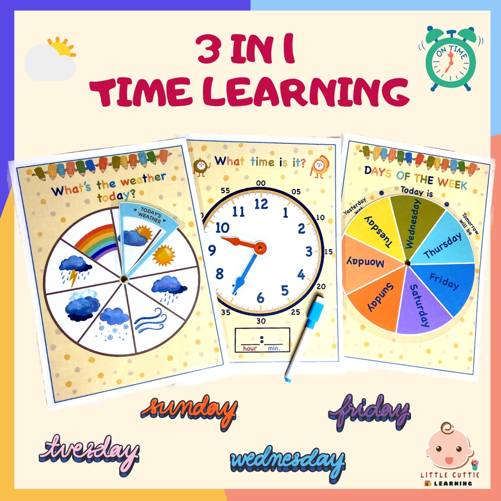 Belajar Jam Masa Waktu Cuaca Minggu Hari 3 IN 1 Time Learning - Weather ...