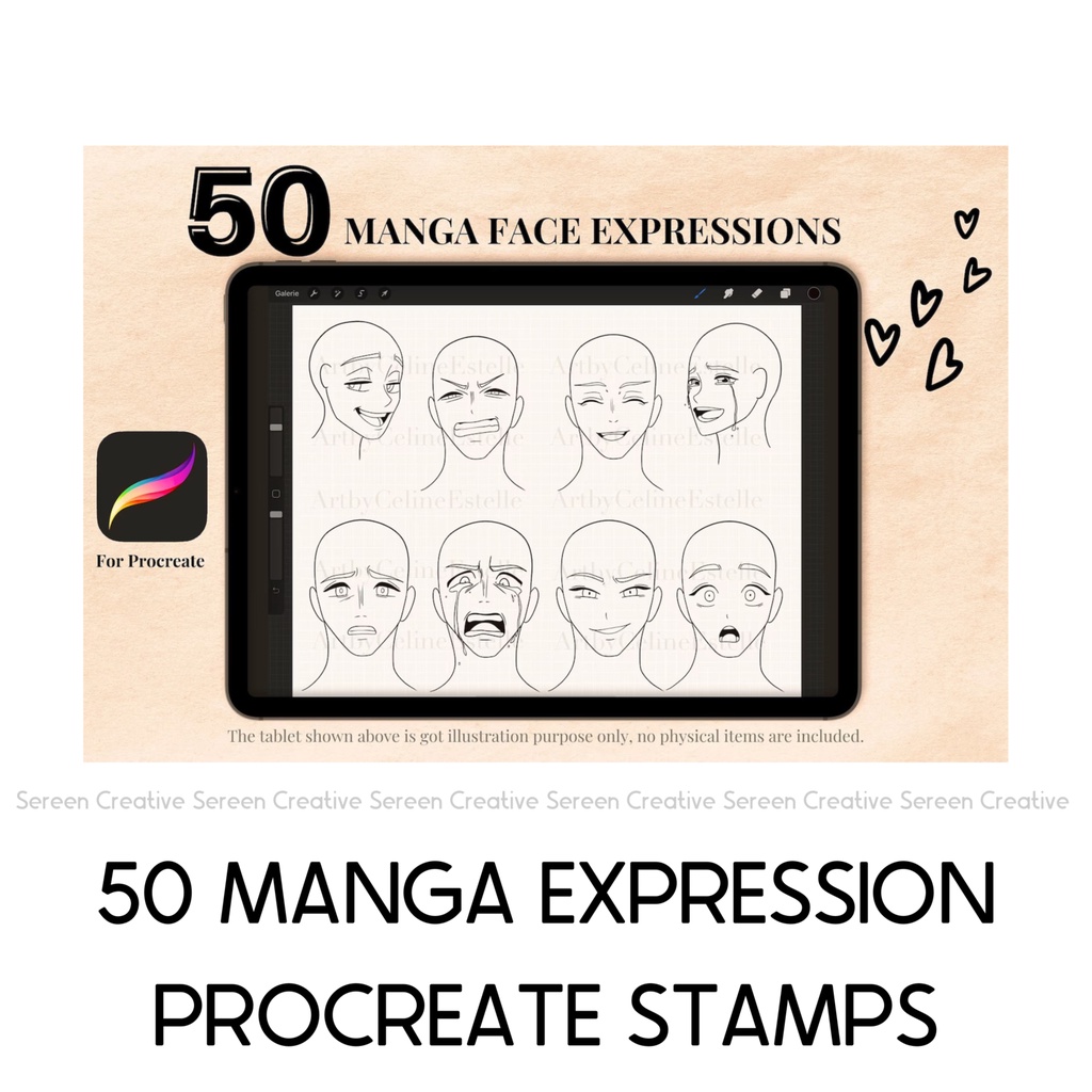 P02 50 Manga Face Expressions Procreate Stamps Brushes (Anime, Manga ...